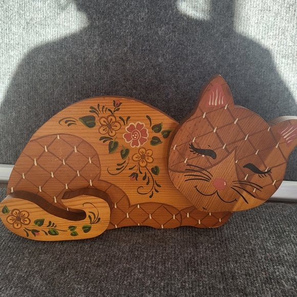 Accents | Handcrafted Wooden Cat Decor With Floral Design | Poshmark